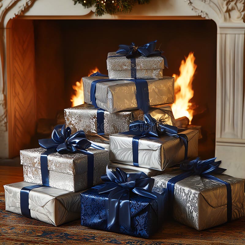 Photo Wrapped Gifts in Front of a Warm Fireplace Stock Photo - Image of ...
