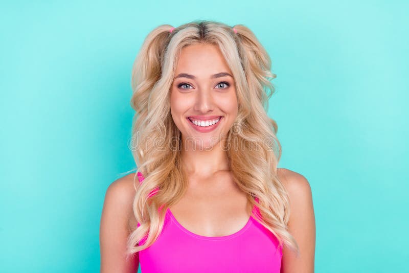 Photo Of Young Attractive Girl Happy Positive Toothy Smile Glad Over