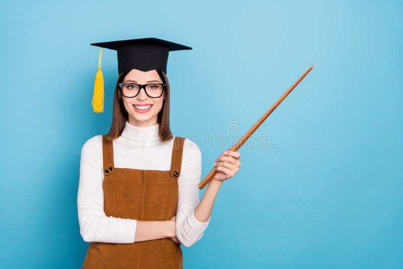 Photo of Young Cheerful Lady Master Pointer Empty Space Teacher Courses ...