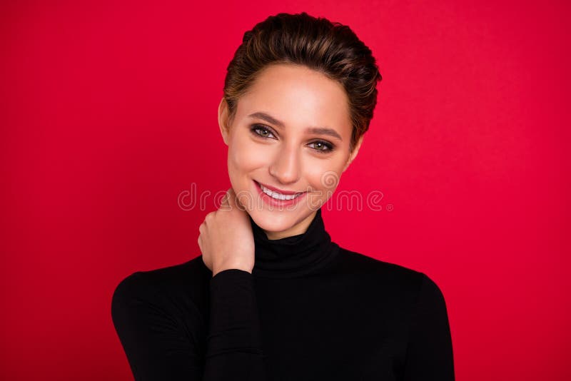 Photo Of Young Happy Positive Cheerful Woman Hold Hand Neck Smile Good