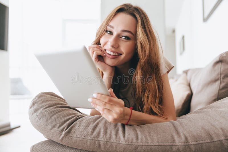 Happy Pretty Lady Using Tablet Computer. Stock Image - Image of ...