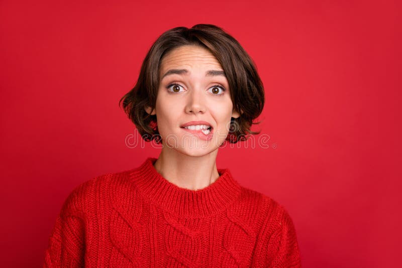 Photo of Young Woman Bite Lips Teeth Worried Nervous Fail Problem ...