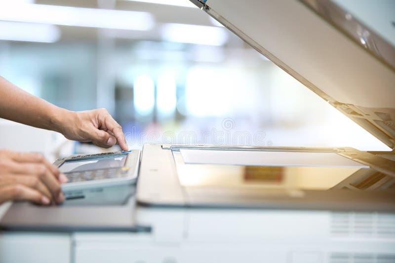 Close Up Hand Office Man Press Copy Button on Panel To Using the Copier ...