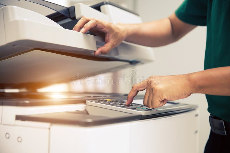 Photocopier Printer, Close Up Hand Office Man Press Copy Button on ...