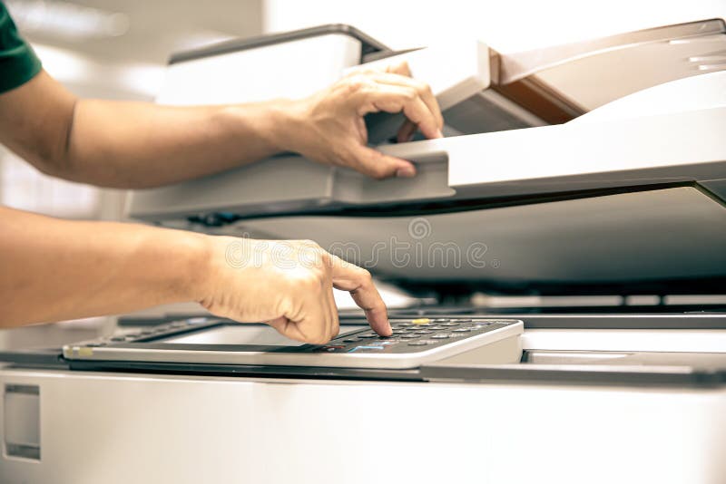 Photocopier Printer, Close Up Hand Office Man Press Copy Button on ...