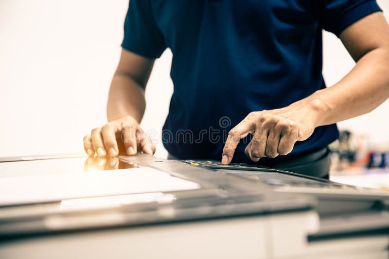 Photocopier Printer, Close Up Hand Office Man Press Copy Button on ...