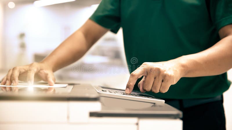 Photocopier Printer, Close Up Hand Office Man Press Copy Button on ...