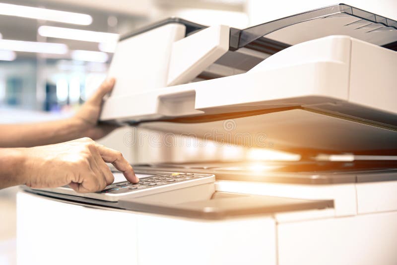 Photocopier Printer, Close Up Hand Office Man Press Copy Button on ...