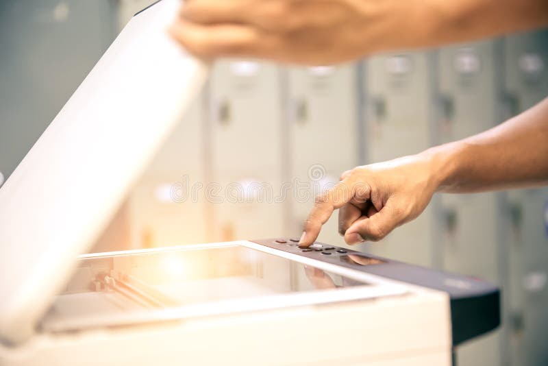 Photocopier Printer, Close Up Hand Office Man Press Copy Button on ...