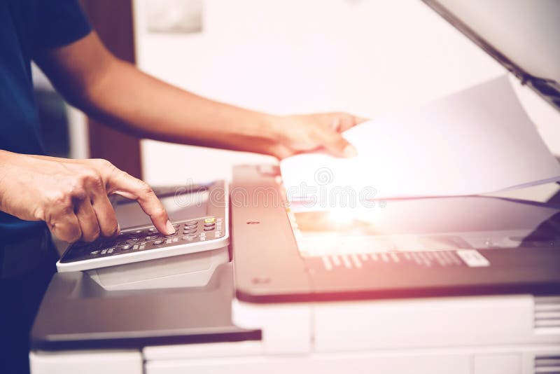 Photocopier Printer, Close Up Hand Office Man Press Copy Button on ...