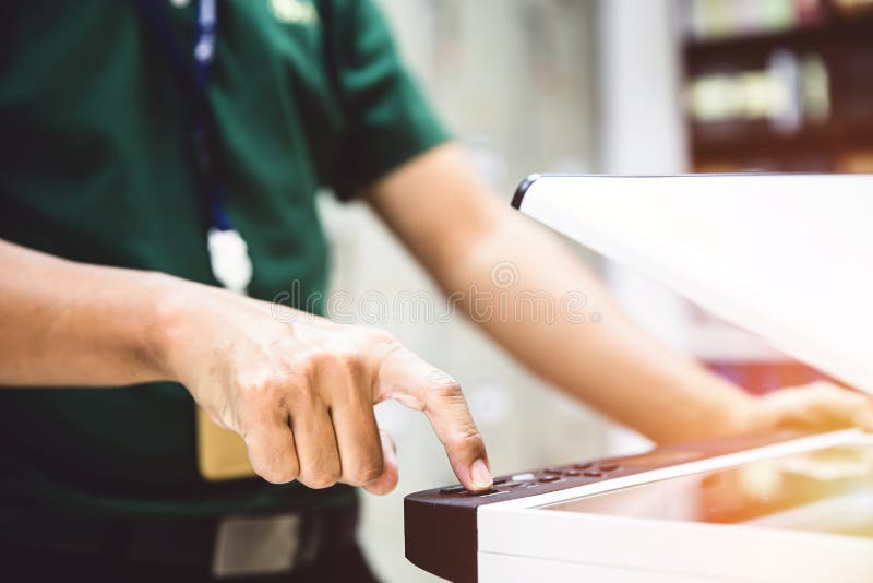 Photocopier Printer, Close Up Hand Office Man Press Copy Button on ...