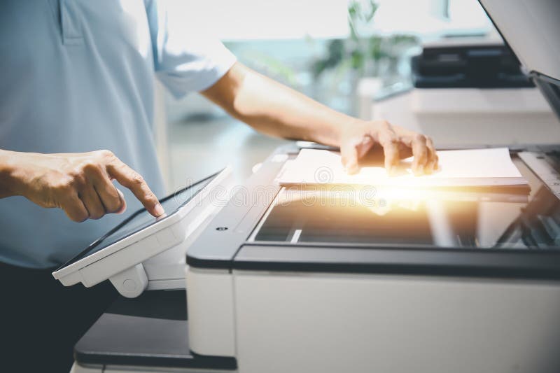 Photocopier Printer, Close Up Hand Office Man Press Copy Button on ...