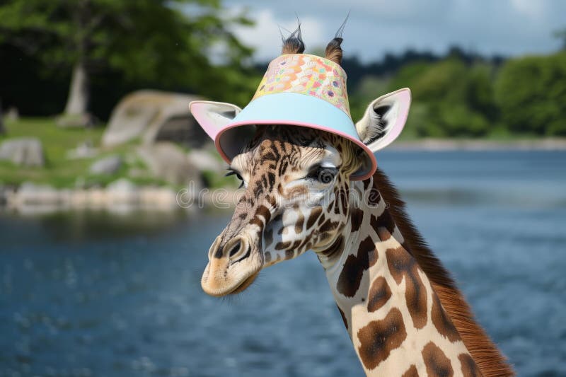 Photogenic Giraffe in a Pastel Bucket Hat with a Lake Backdrop Stock ...