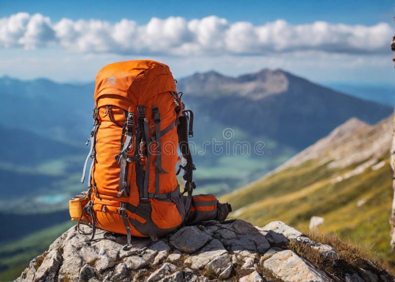 Photograph of a Backpack Left on a High Mountain Peak with a Panoramic ...