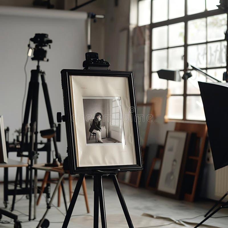 A Photograph in a Black Frame Sits on an Easel in a Photography Studio ...