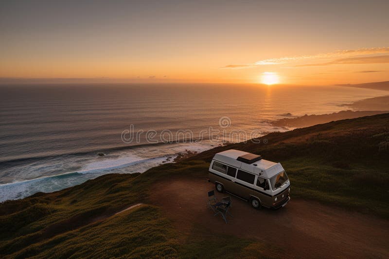 Photograph of a Camper Van on a Cliff Overlooking the Ocean. Generative ...