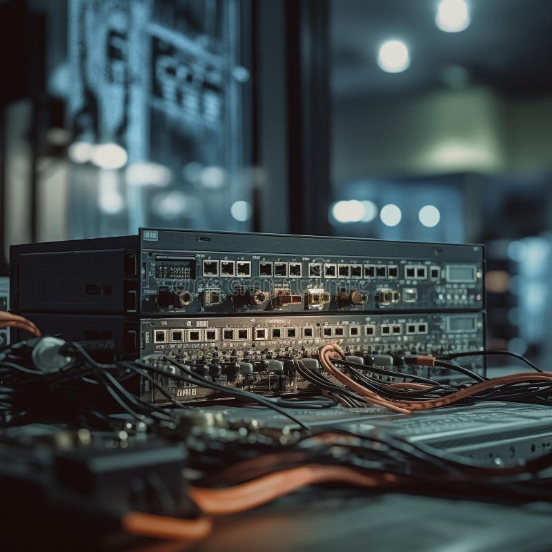 Network Switch with Multiple Cables in Blurred Office Setting at Night ...