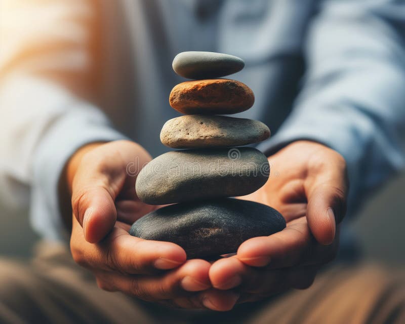 Man in Blue Shirt Holding a Stack of Balanced Stones with Warm Lighting ...