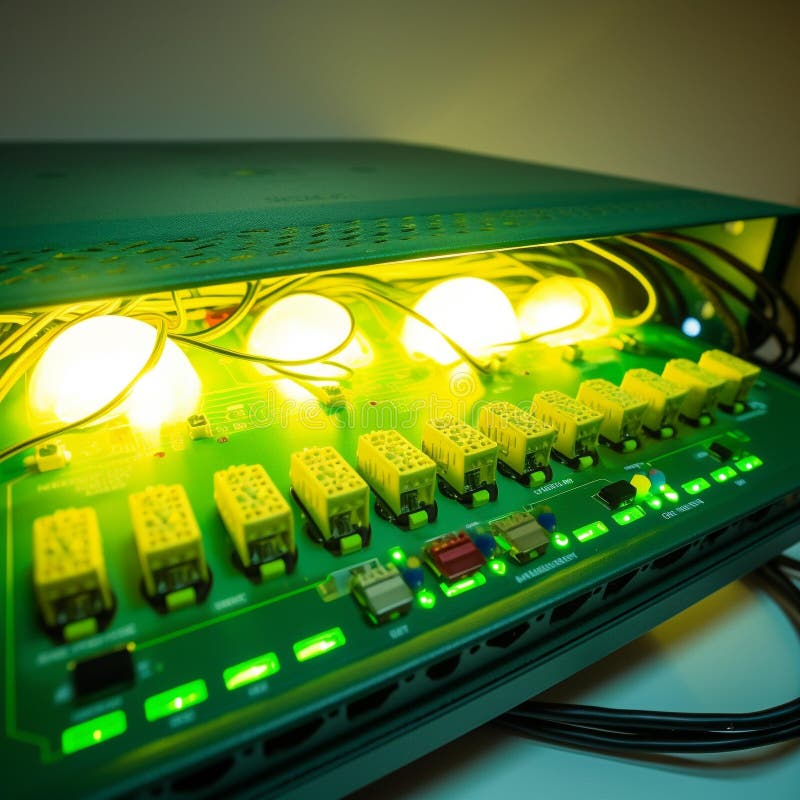 Blinking Network Switch on Metal Rack Against White Background Stock ...