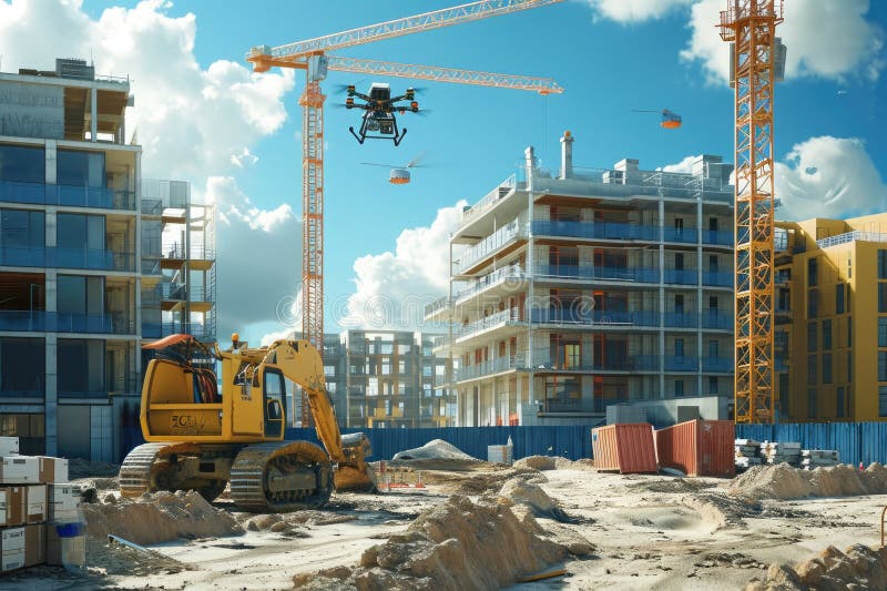 A Photograph Capturing a Busy Construction Site Featuring a Towering ...