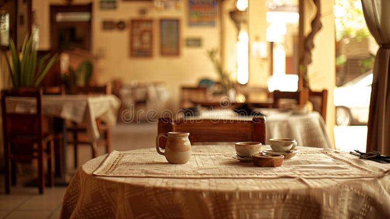 Photograph Capturing Cafe Setting, Empty Table Set with Mug and Saucers ...