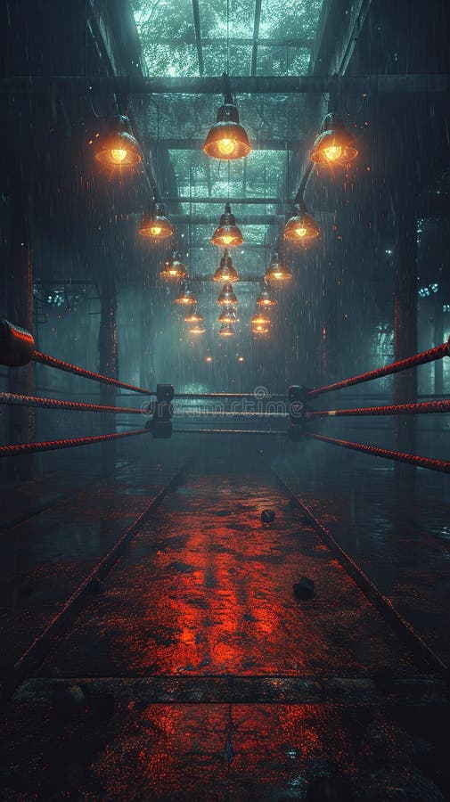 Dimly Lit Boxing Ring with Hanging Lights. Generative AI. Stock Image ...