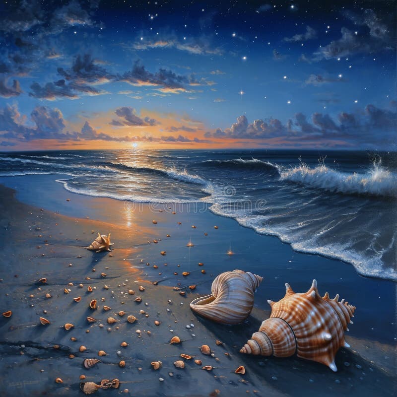 Seashell Painting on Nighttime Beach Stock Illustration - Illustration ...