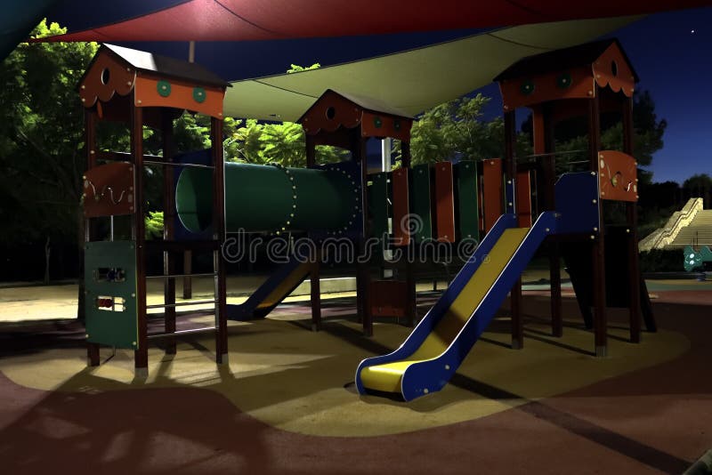 Photograph of Children`s Playground at Night and without People Stock ...
