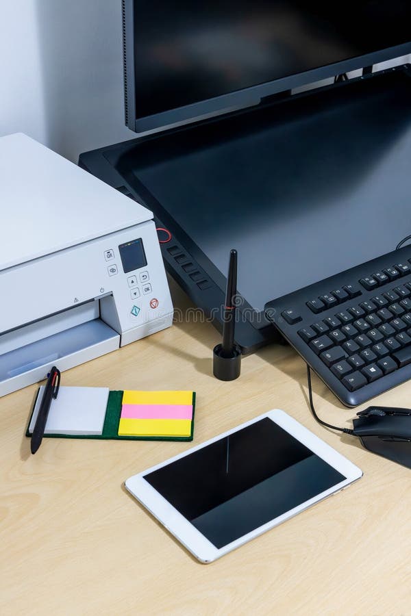 Desk with Printer, Tablet and Keyboard with Mouse Stock Photo - Image ...