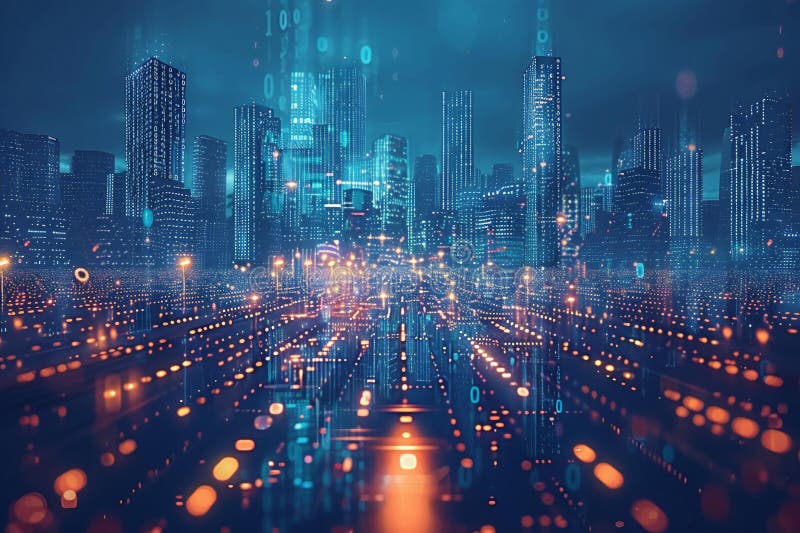 Photograph Depicting Abstract Digital Cityscape with Binary Code Over ...