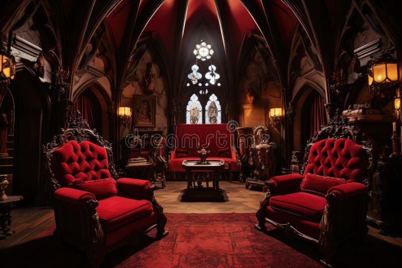 A Photograph Displaying a Red Room with Two Chairs and a Table ...