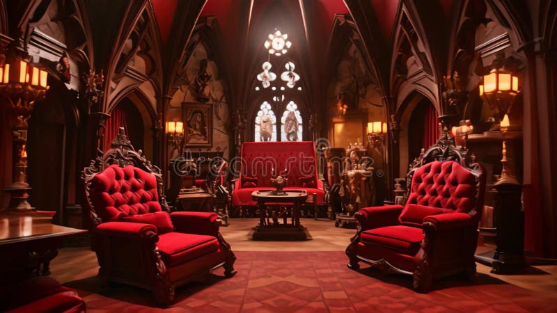 A Photograph Displaying a Red Room with Two Chairs and a Table ...