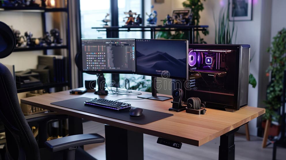 Ergonomic Computer Desk Setups with Multiple Screen Stock Illustration ...