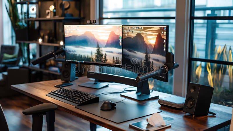 Ergonomic Computer Desk Setups with Multiple Screen Stock Illustration ...