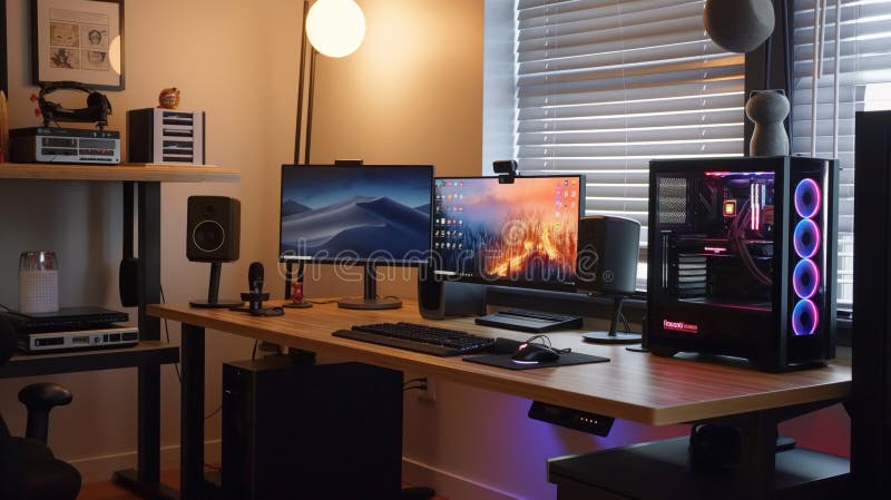 Ergonomic Computer Desk Setups with Multiple Screen Stock Illustration ...