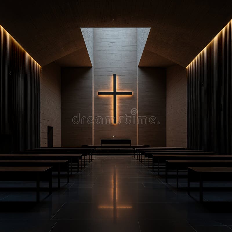 Illuminated Cross at End of Church Interior. Architectural Details ...