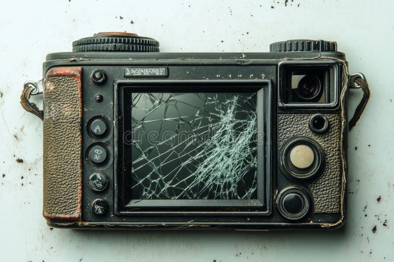 A Vintage Camera with a Cracked Screen Lies on a Rustic Surface. the ...