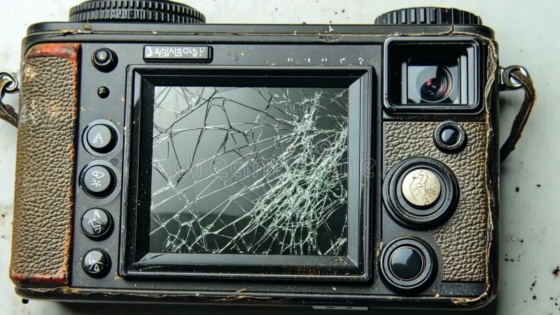 A Vintage Camera with a Cracked Screen Lies on a Rustic Surface. the ...