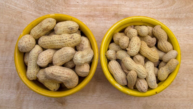 Big and Small Peanut Comparison, Two Varieties in Bowls, Top View Stock ...
