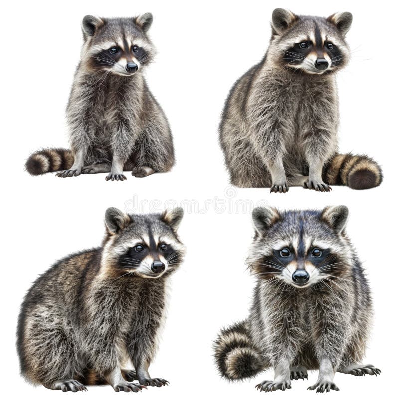 A Photograph of Four Raccoons Sitting in Different Poses Stock Image ...