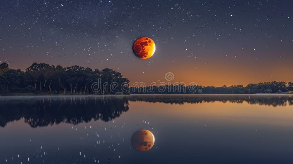 Lunar Eclipse Over a Quiet Lake Stock Image - Image of moon, lunar ...