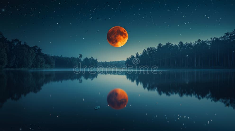 Lunar Eclipse Over a Quiet Lake Stock Photo - Image of galaxy, lake ...