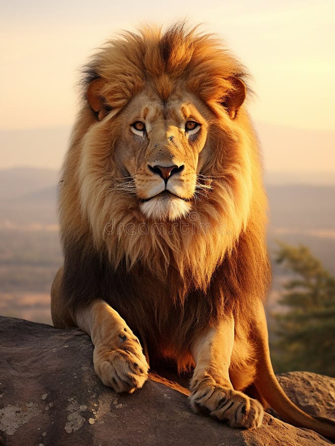 Photograph of Majestic Lion Sitting on Stone Stock Illustration ...