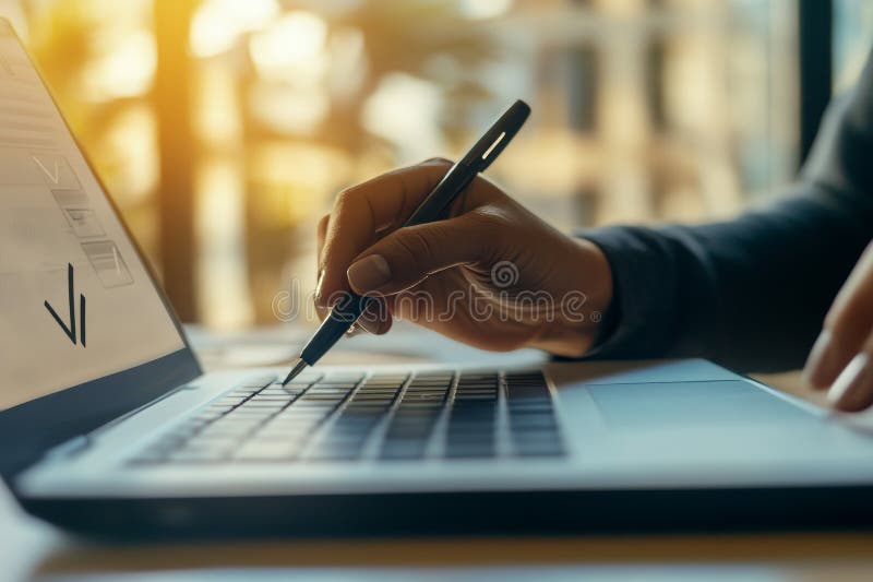 Photograph of a Man Using a Laptop Computer in an Office with a Check ...