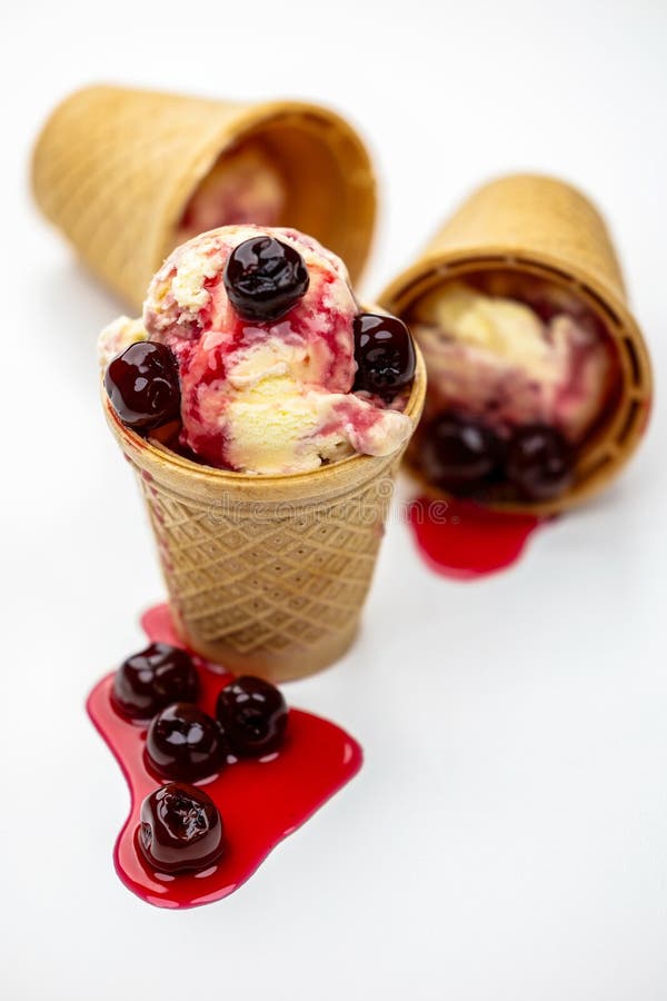 Basket of Waffles with Black Cherry Ice Cream on a White Background ...