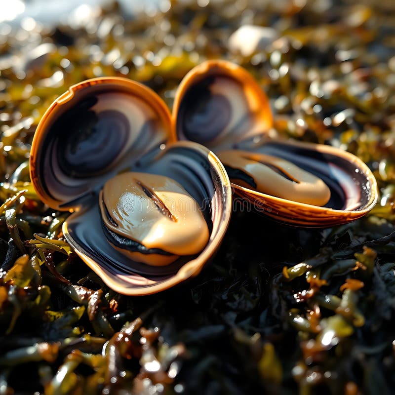 Photograph of a Pair of Mussel Shells Partially Open Resting on a Bed ...