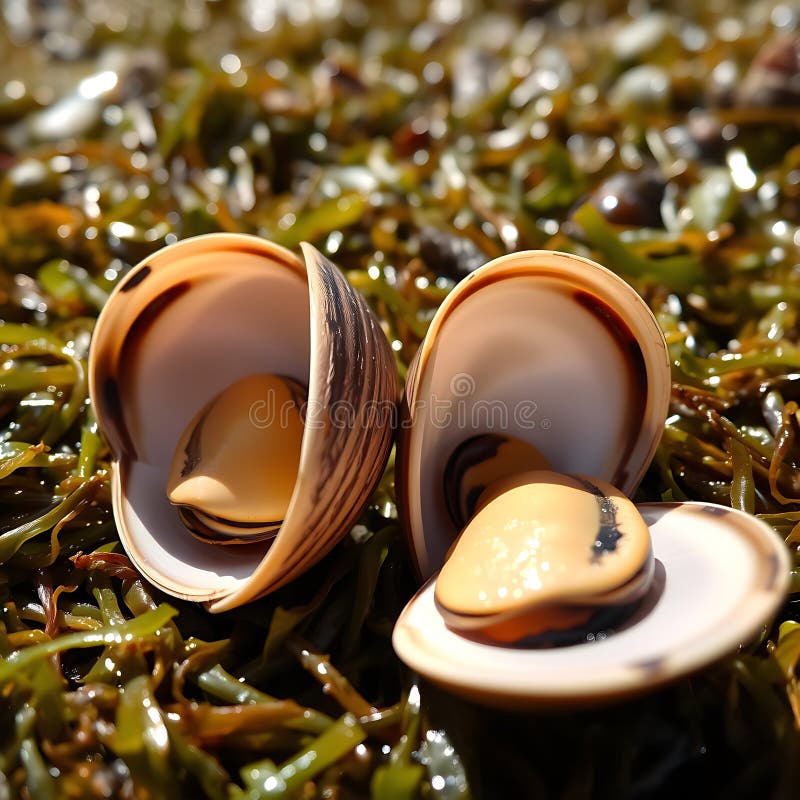 Photograph of a Pair of Mussel Shells Partially Open Resting on a Bed ...