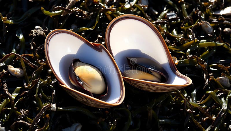 Photograph of a Pair of Mussel Shells Partially Open Resting on a Bed ...