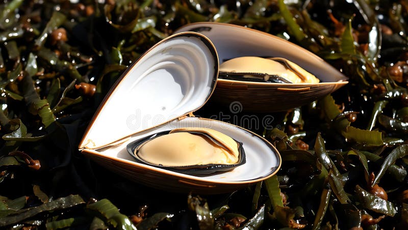 Photograph of a Pair of Mussel Shells Partially Open Resting on a Bed ...