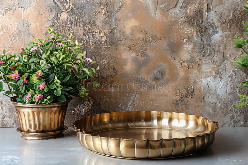 Photograph Presenting a Large, Decorative Brass Plate with Raised Edges ...